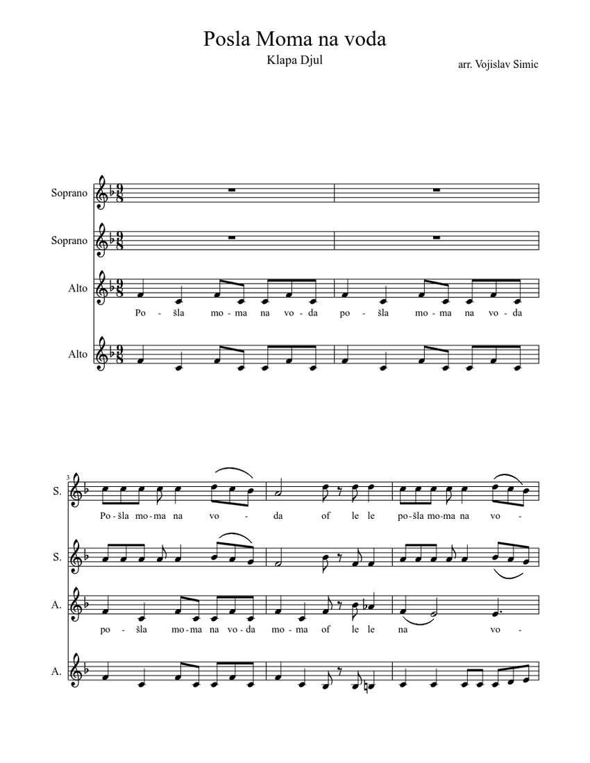 Posla moma na voda Sheet music for Soprano, Alto (Choral) | Download ...