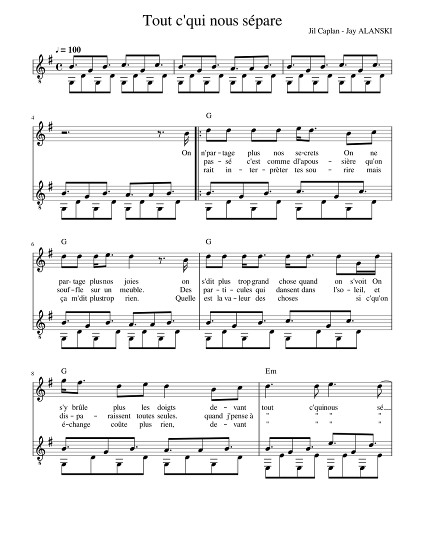Jil Caplan - Tout c'qui nous sépare Sheet music for Piano, Guitar ...