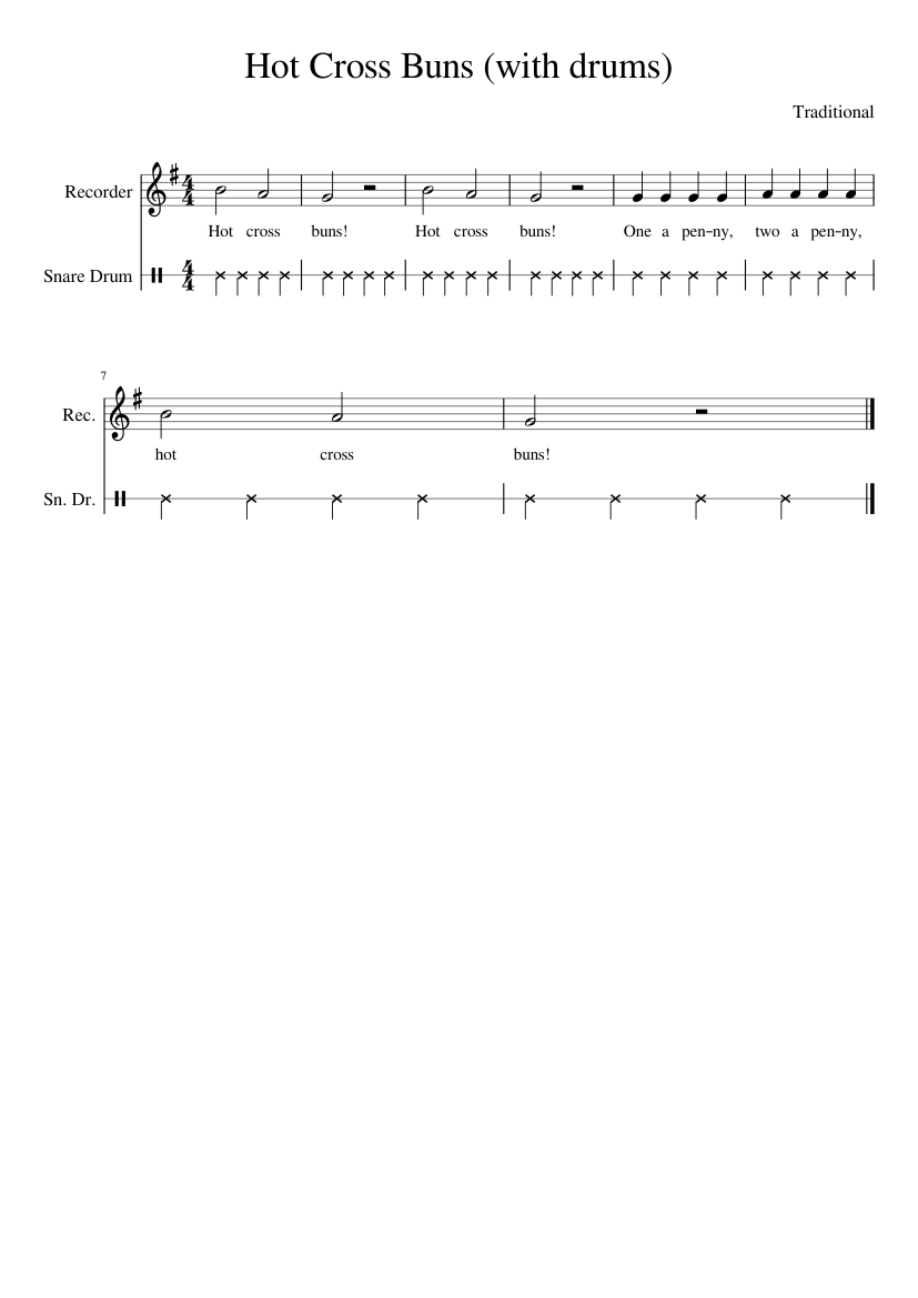 Hot Cross Buns (with drums) Sheet music for Snare drum, Recorder (Mixed ...