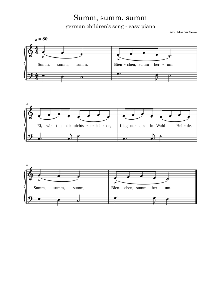 Summ, Summ, Summ – Germany Folk Song Sheet music for Piano (Solo ...