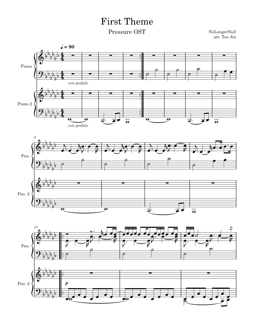First Theme - Roblox Pressure OST by NoLongerNull (Piano) Sheet Music ...