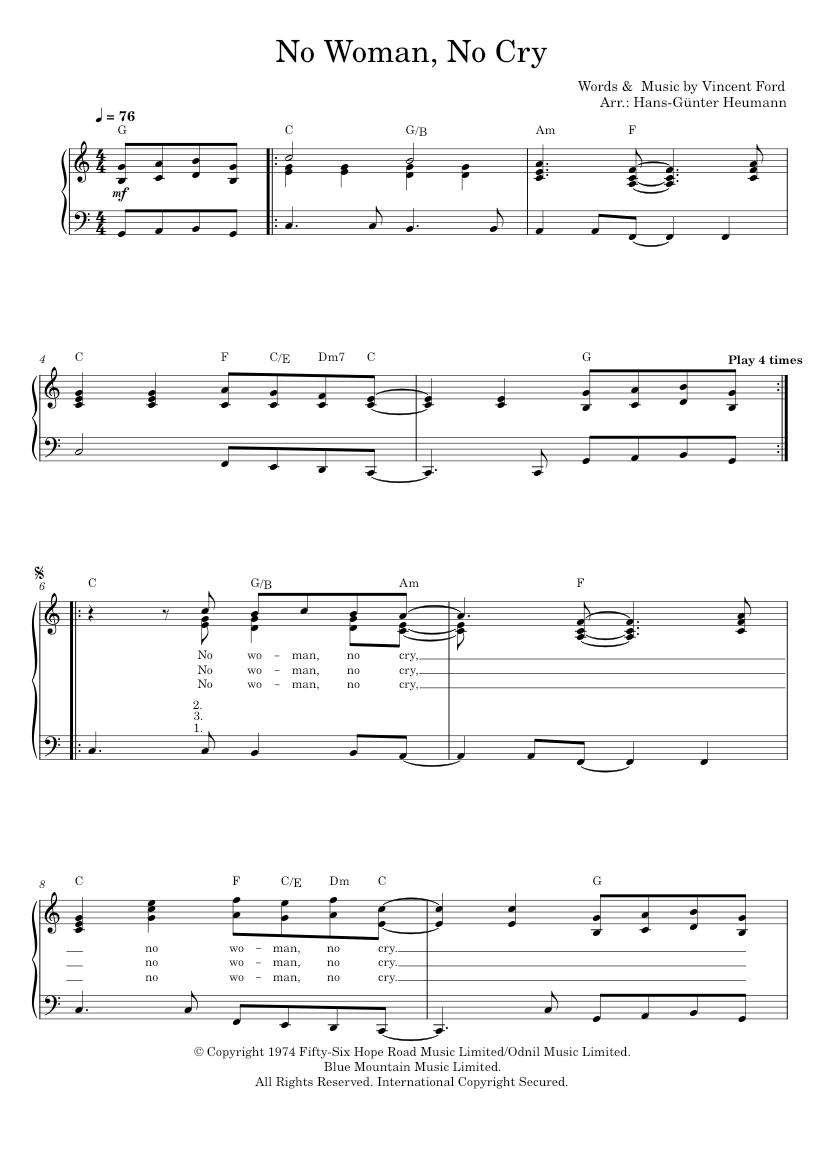Play Official version of No woman no cry sheet music by Bob Marley for ...