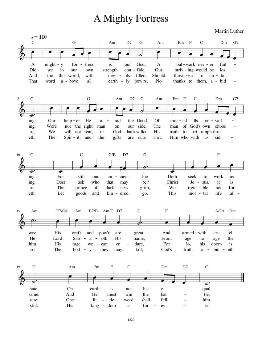 A Mighty Fortress Lead Sheet Simplified Chords Sheet music for Piano ...