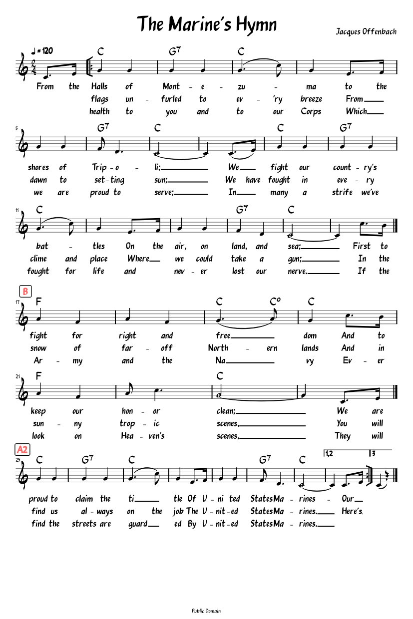 The Marines' Hymn (Lead sheet with lyrics ) Sheet music for Piano (Solo ...