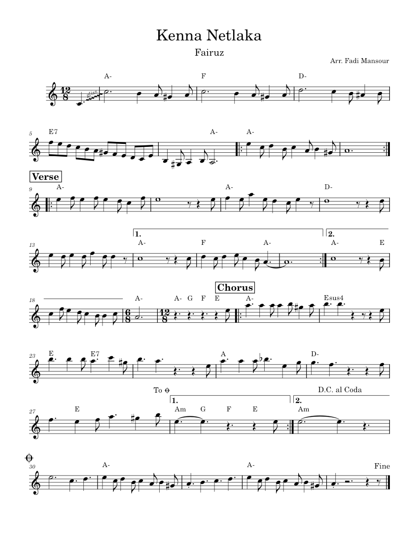 Konna Netlaka – Fairouz Sheet Music with Chords for Piano (Solo) Easy ...