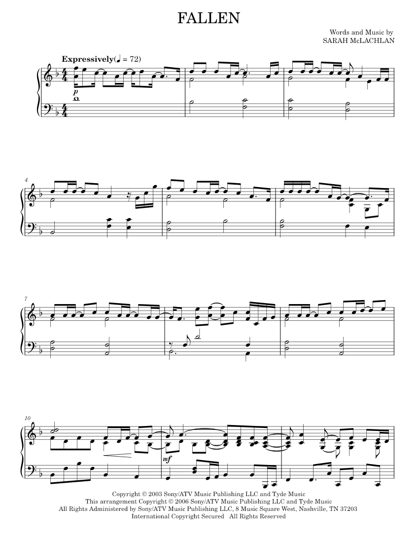 fallen Sheet music for Piano by Sarah McLachlan Official | MuseScore.com