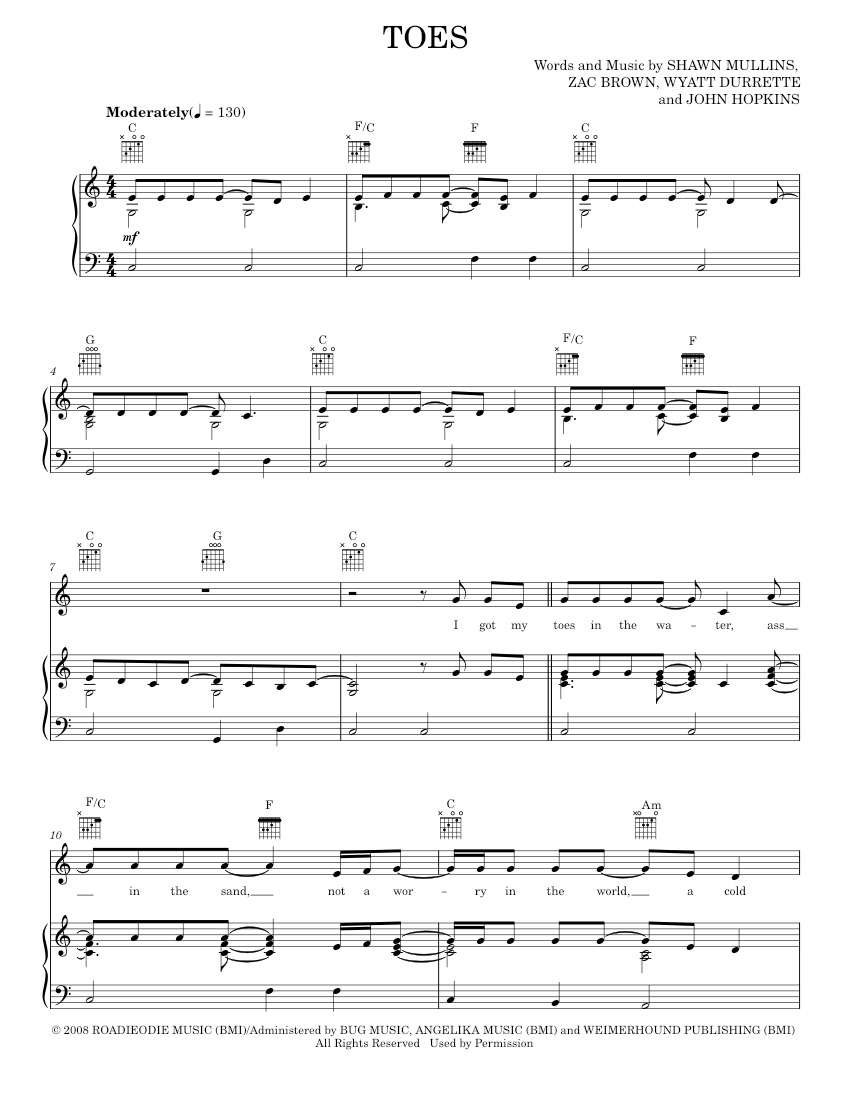 Play Official version of Toes Sheet Music by Zac Brown Band for Piano ...