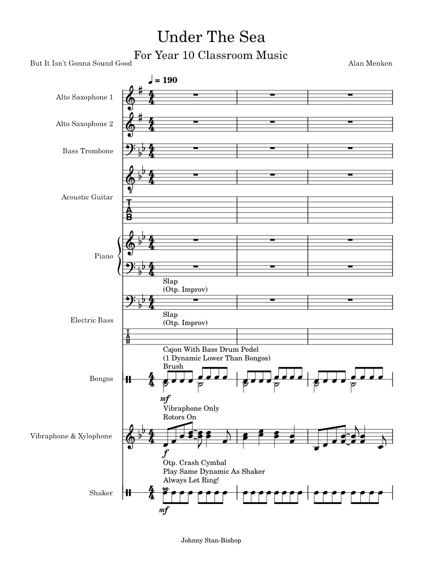 Under The Sea Sheet music for Piano, Trombone bass, Saxophone alto ...