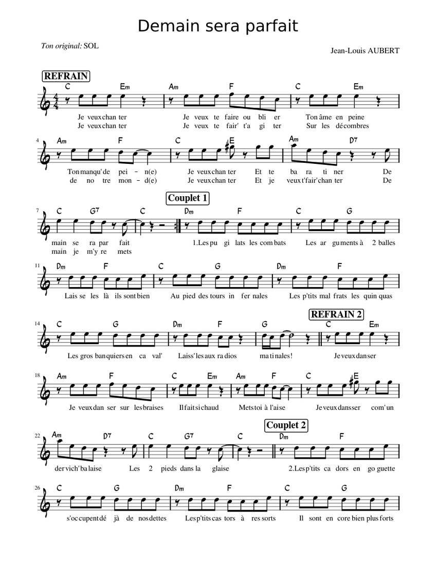 Demain sera parfait Sheet music for Piano (Solo) | Musescore.com
