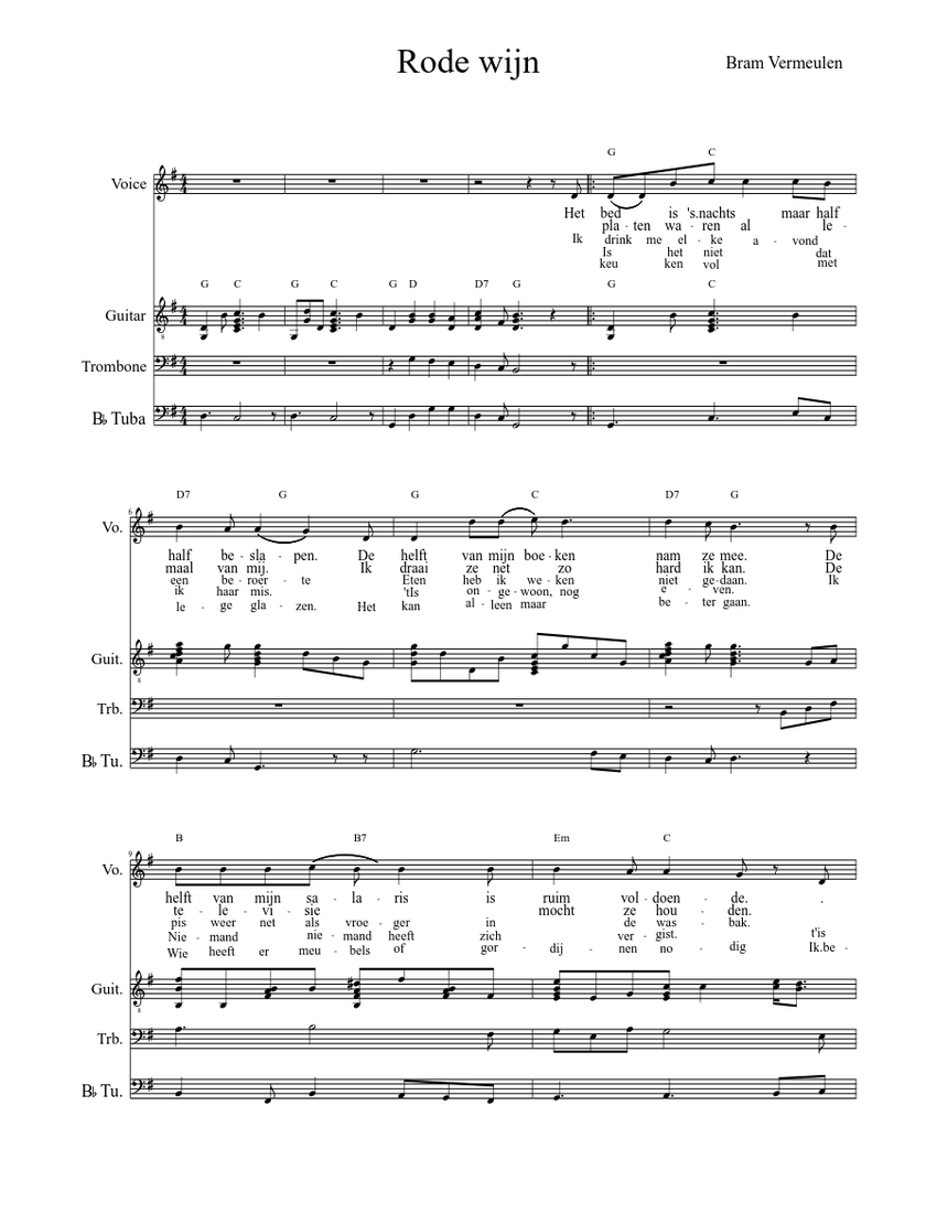 Rode wijn Sheet music for Trombone, Tuba, Guitar, Voice (Other) (Mixed ...