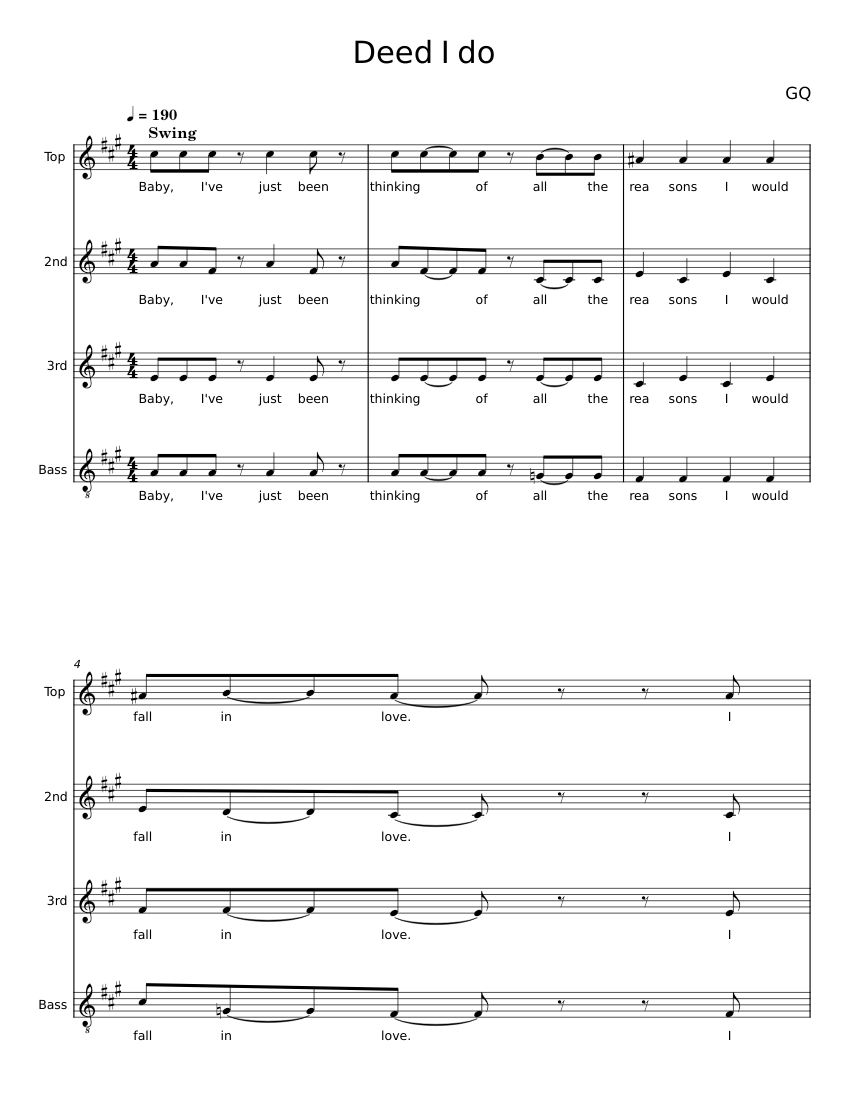 Deed I do Sheet Music for Bass guitar, Synthesizer (Mixed Quartet ...
