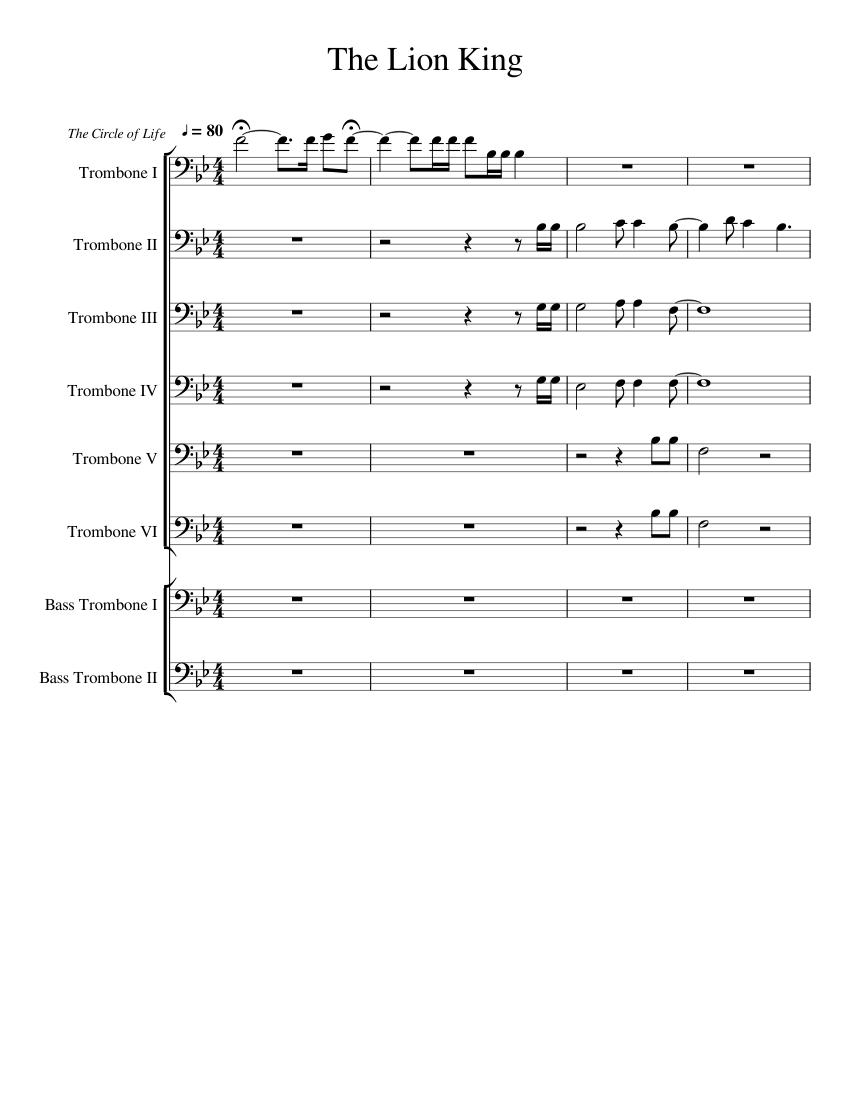 The Lion King Trombone Octet Sheet music for Trombone (Brass Ensemble ...