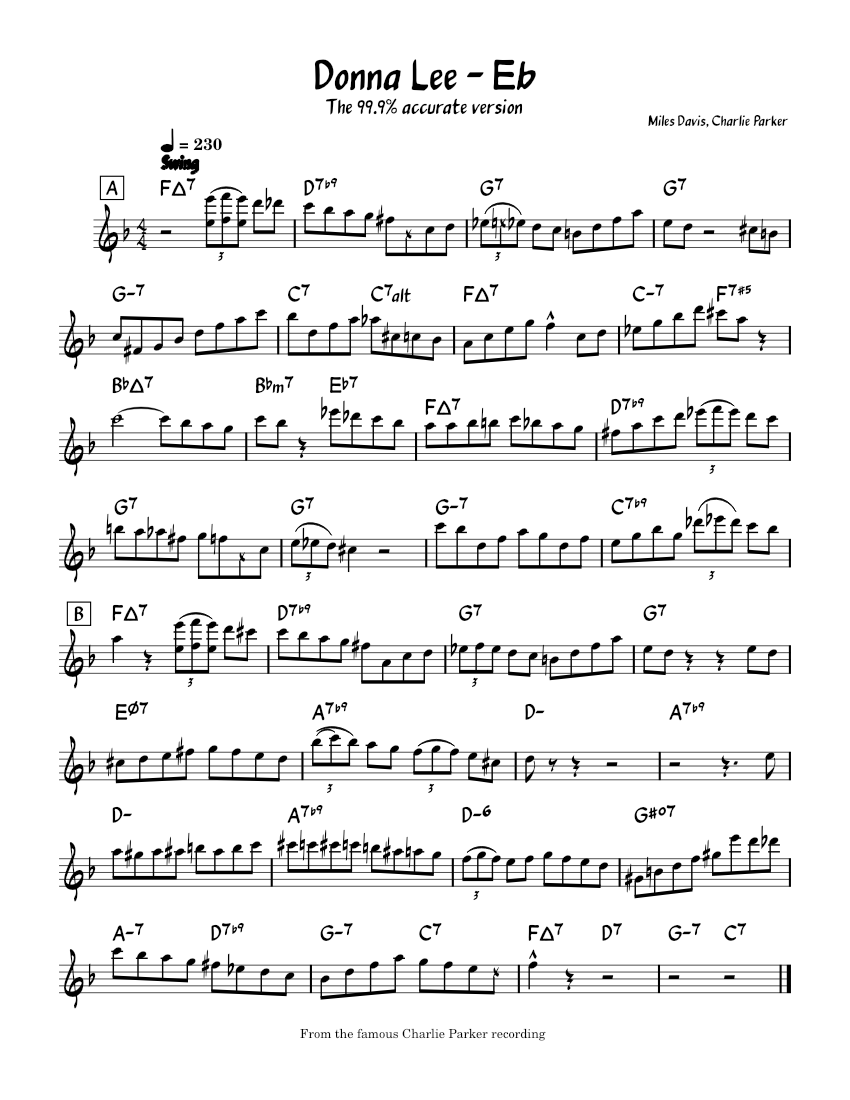 Donna Lee Eb Lead Sheet Sheet Music with Chords for Saxophone alto ...