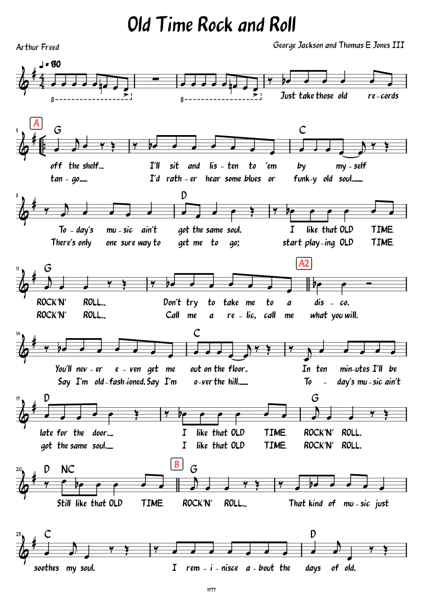 Old Time Rock and Roll (Lead sheet with lyrics ) Sheet Music with ...