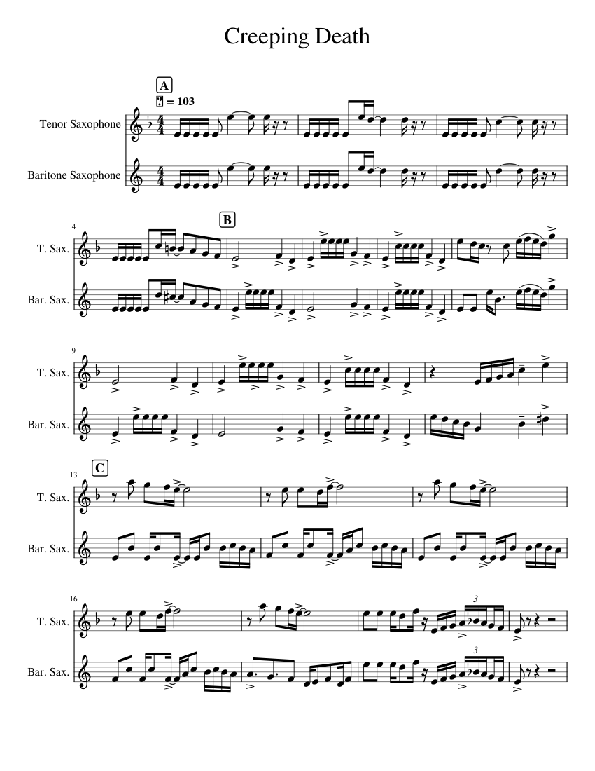Creeping Death – Metallica, Tenor/Bari Sax Duo Sheet music for ...