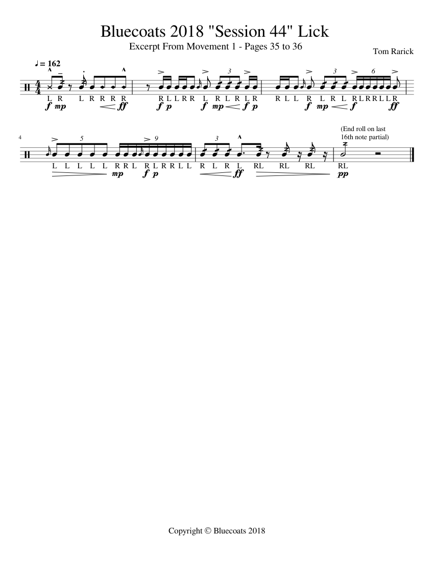 Bluecoats 2018 Session 44 Lick Sheet music for Snare drum (Solo ...