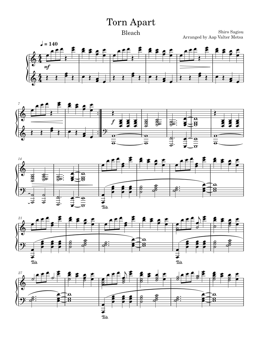 Torn Apart – Shirō Sagisu Bleach (Piano Solo) Sheet Music for Piano ...