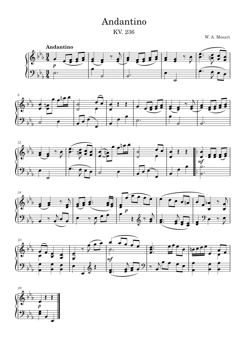 Andantino – Wolfgang Amadeus Mozart Andantino Sheet Music for Piano ...
