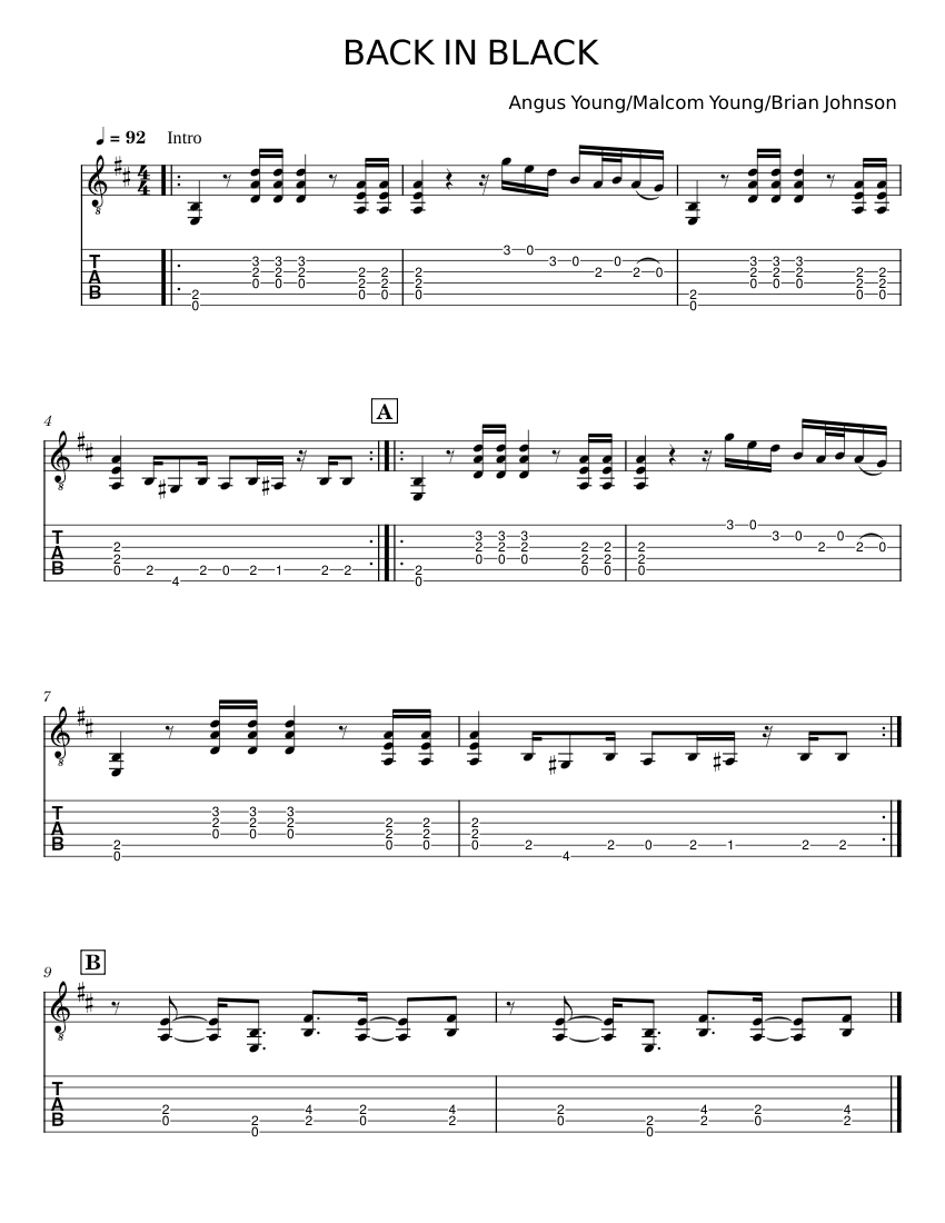 Back in Black - AC/DC Sheet music for Guitar (Mixed Duet) | Musescore.com