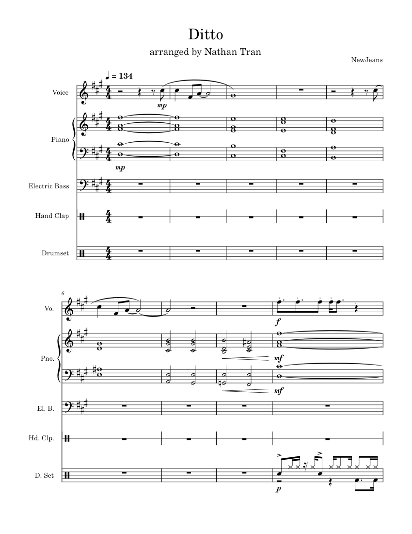 Ditto - NewJeans Sheet music for Piano, Bass guitar, Drum group, Voice ...