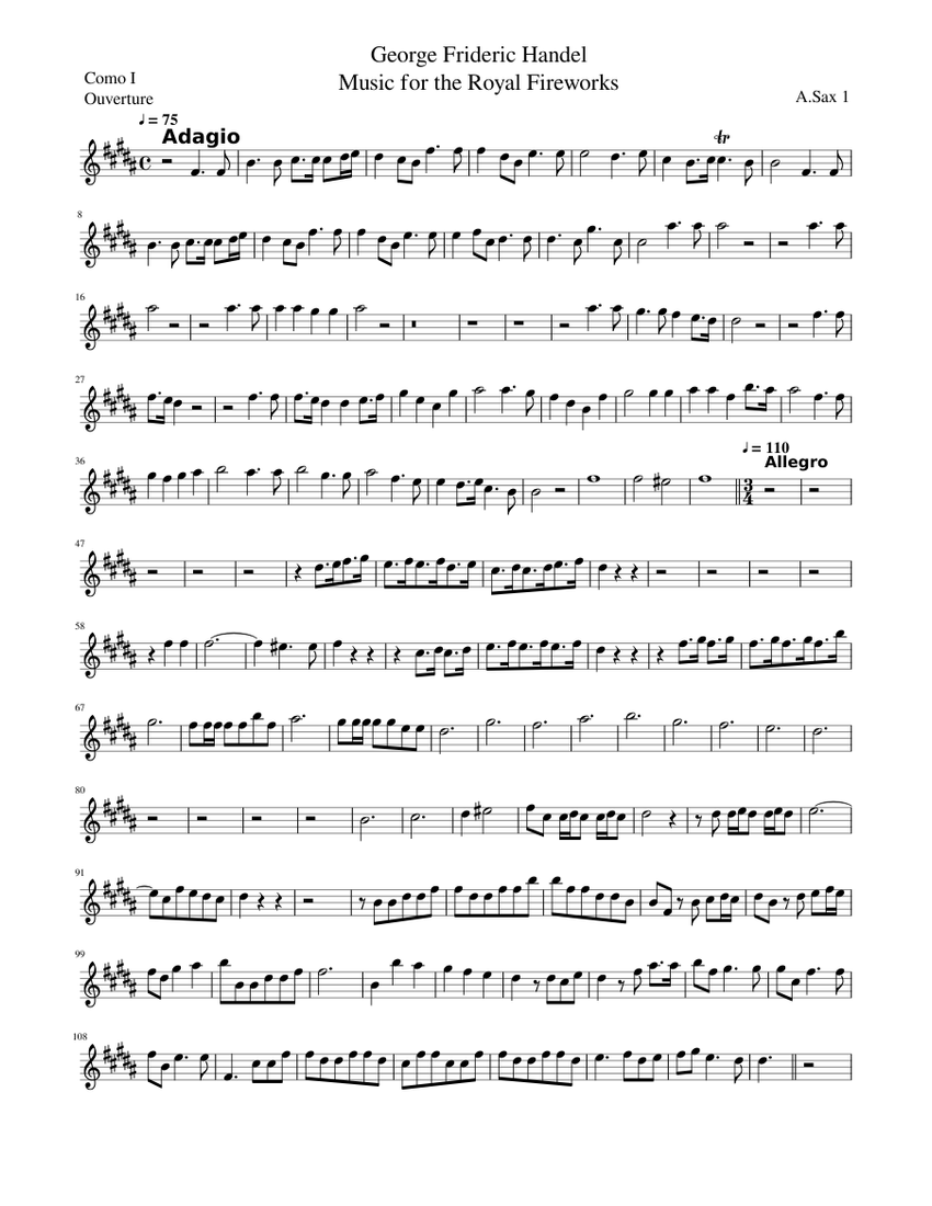 George Frideric Handel Music for the Royal Fireworks (A.Sax 1) Sheet ...