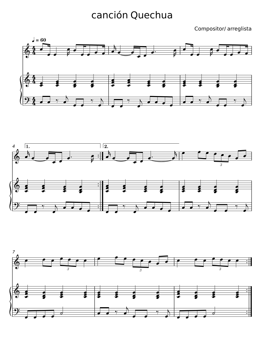 canción Quechua Sheet music for Piano, Synthesizer (Mixed Duet ...