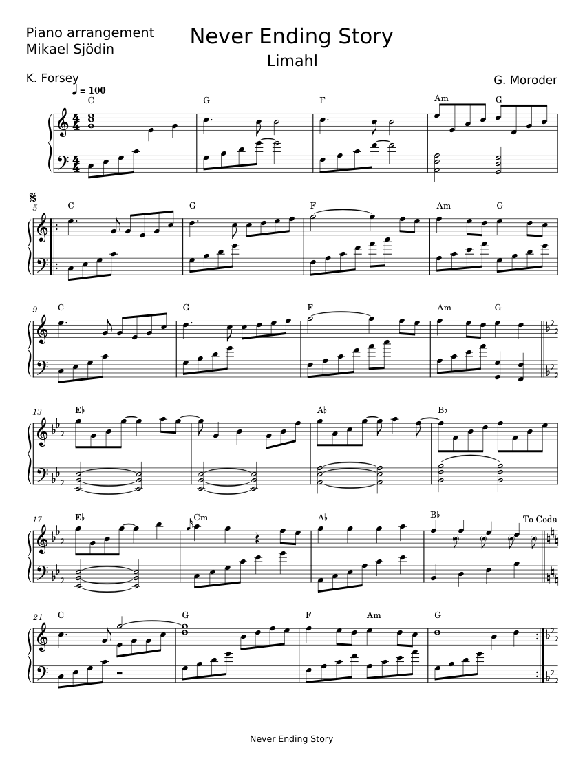 The Never Ending Story - Limahl Sheet Music with Chords for Piano (Solo ...