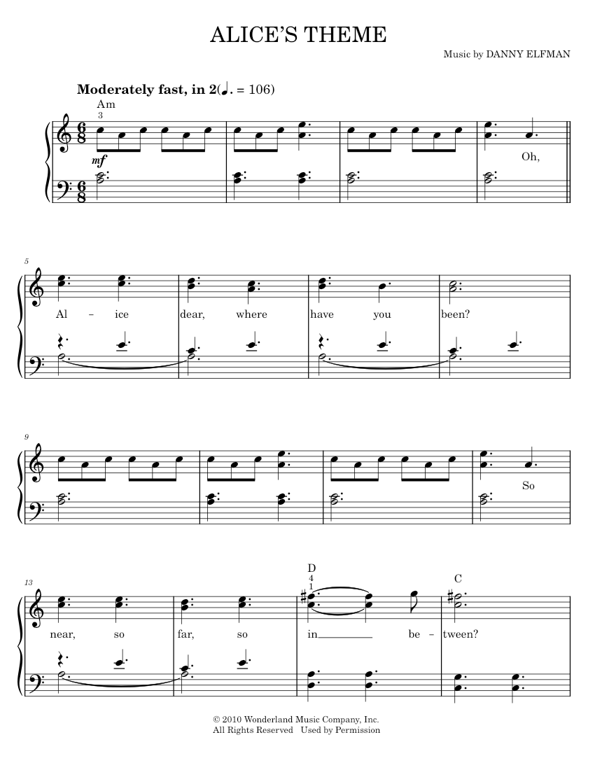 Play Official version of Alice theme Sheet Music by Danny Elfman for ...