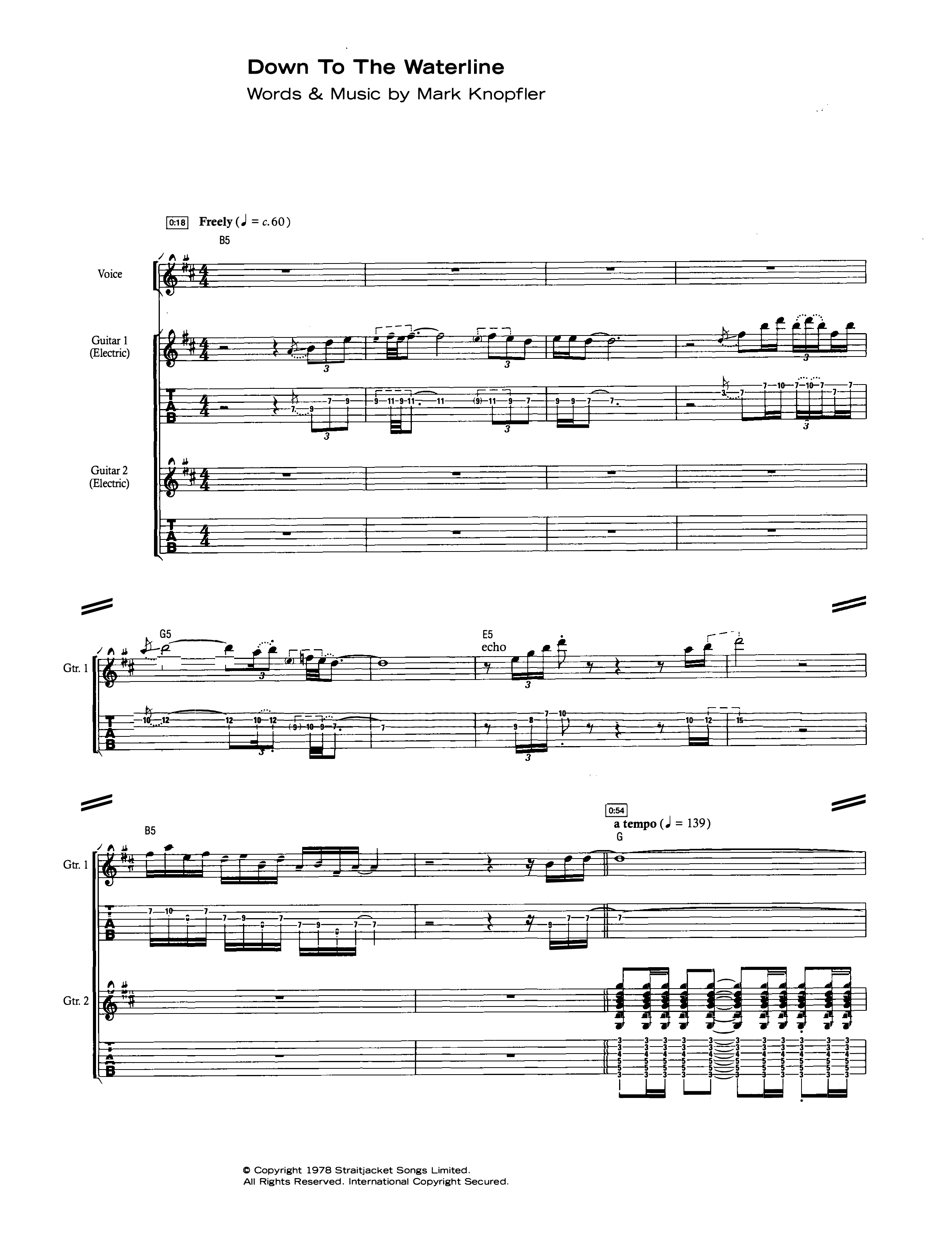 Play Official version of Down to the waterline Sheet Music by Dire ...