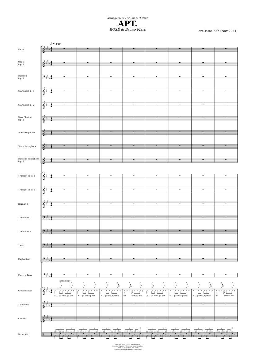 APT. - ROSÉ & Bruno Mars (Concert Band Arrangement) Sheet music for Trombone, Tuba, Flute, Oboe ...