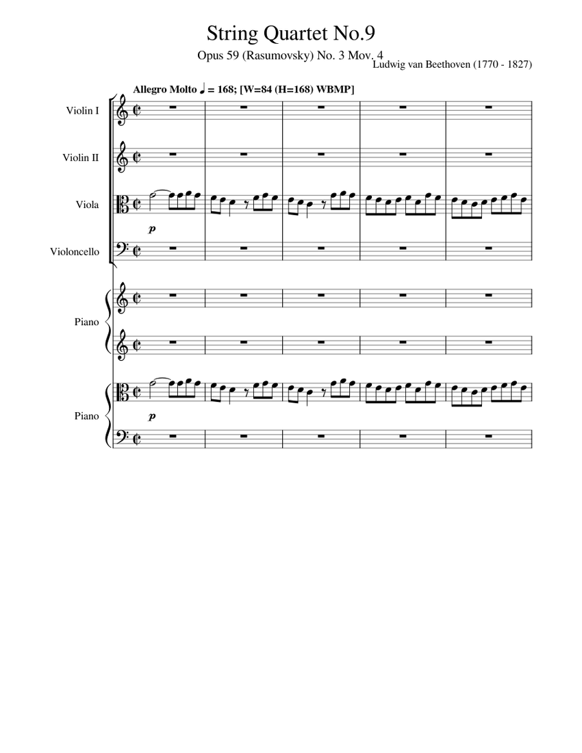 String Quartet No.9, Op.59 No.3, "Razumovsky" – Ludwig van Beethoven Sheet music for Piano ...