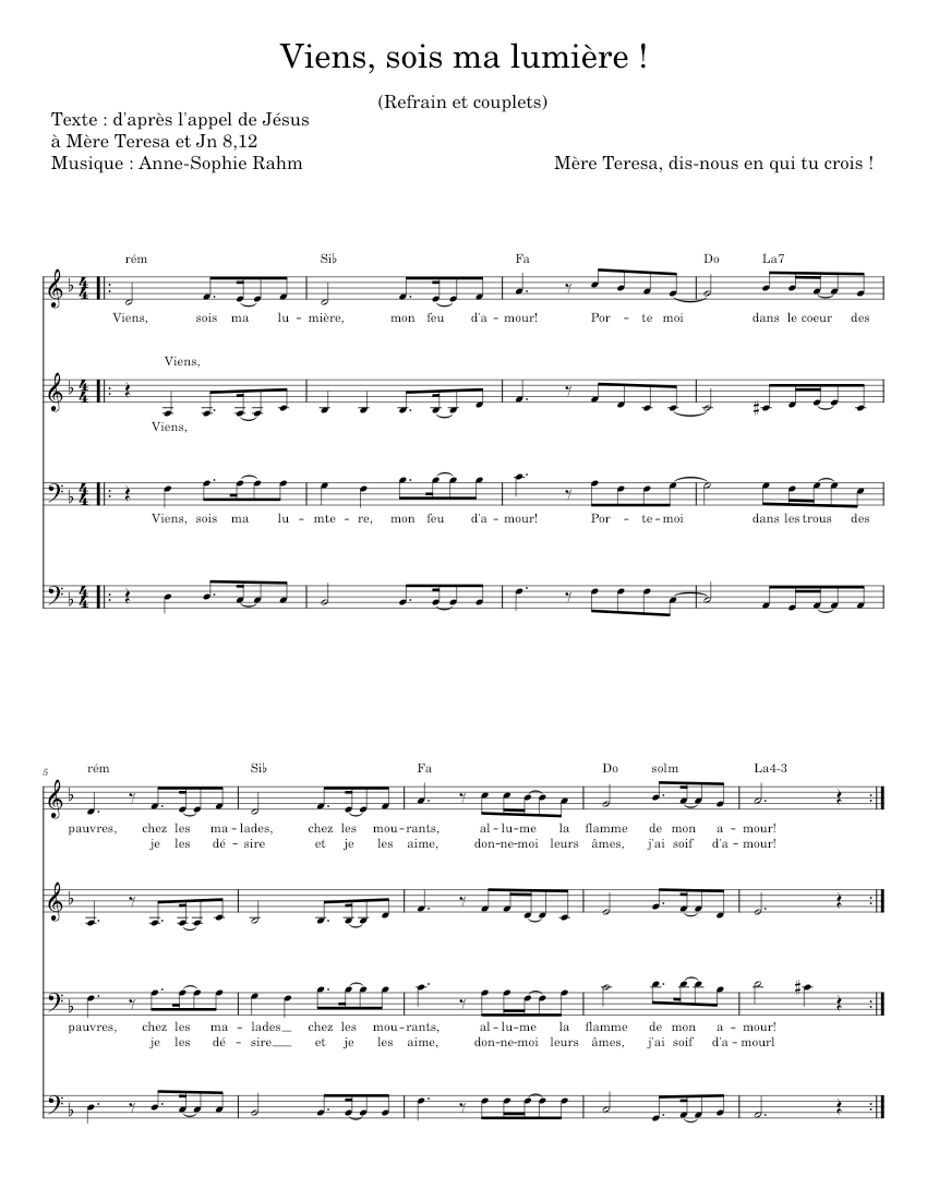 Viens sois ma lumière - Anne-Sophie Rahm Sheet Music with Chords for ...