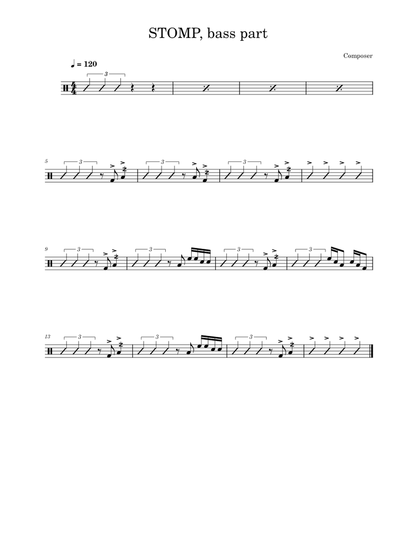 STOMP BASS PART Sheet music for Bass drum (Percussion Quartet ...