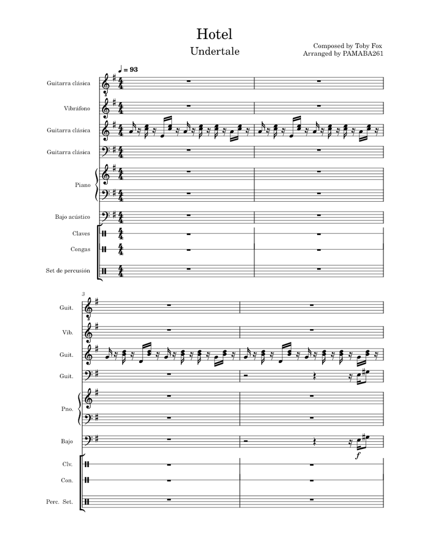 Hotel – Toby Fox Hotel Sheet music for Piano, Vibraphone, Guitar, Bass ...