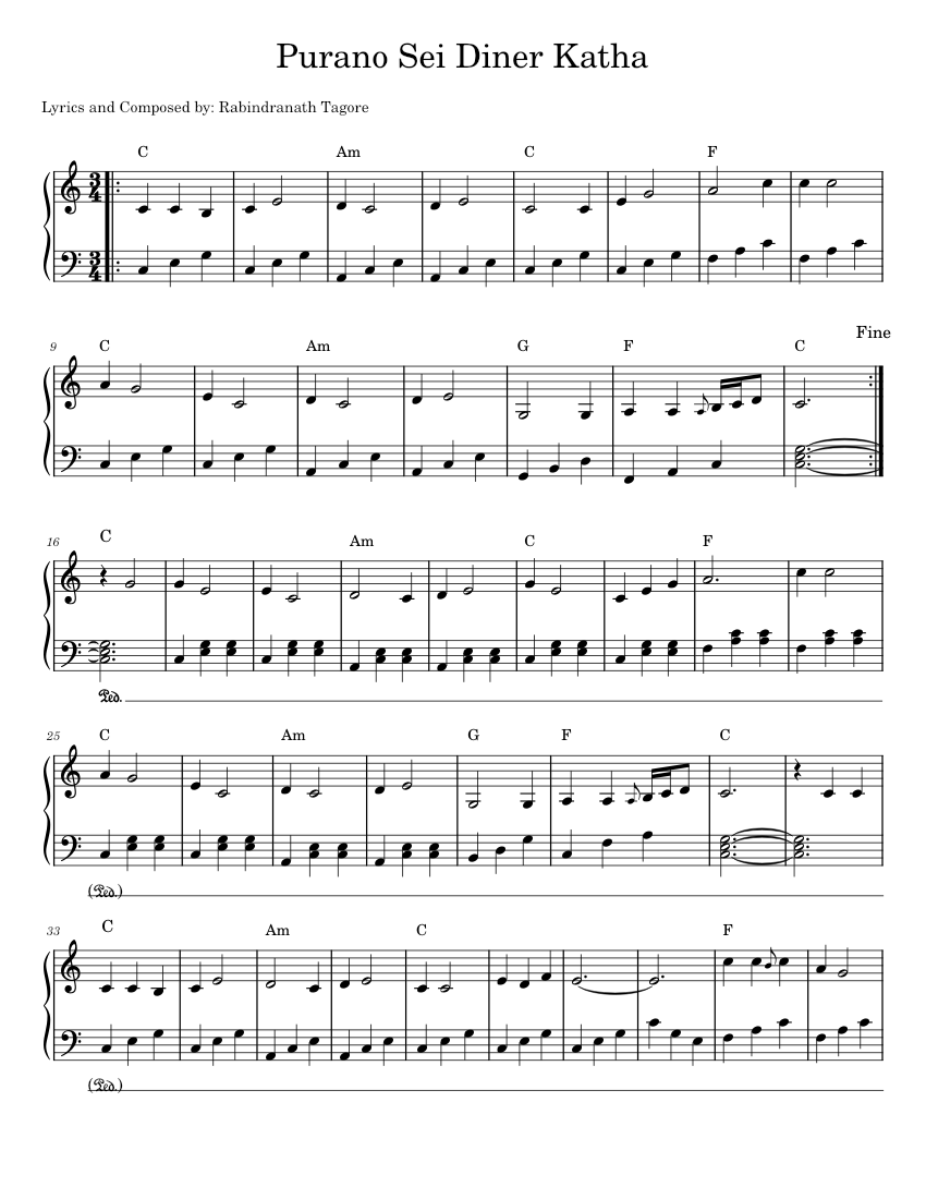 Purano Sei Diner Katha - Rabindranath Tangore/Rabindra Sangeet Sheet ...