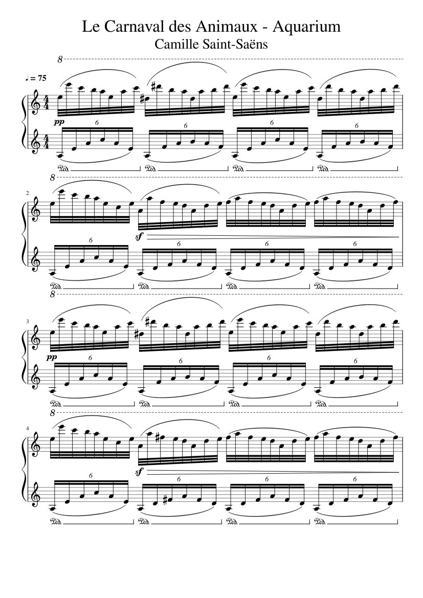 Le Carnaval des Animaux - Aquarium Sheet Music for Piano (Solo ...