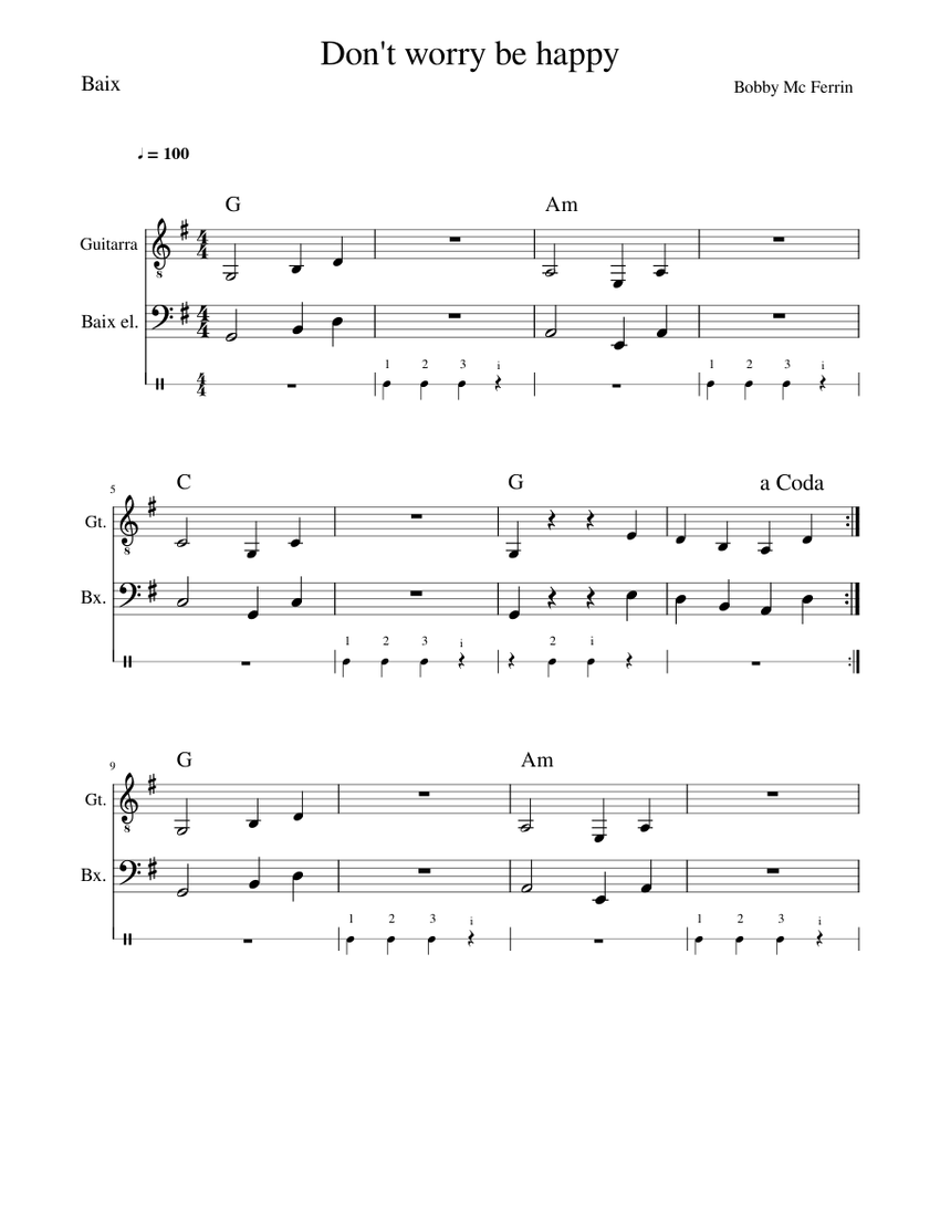 Don't worry be happy - només baix Sheet music for Guitar, Bass guitar ...