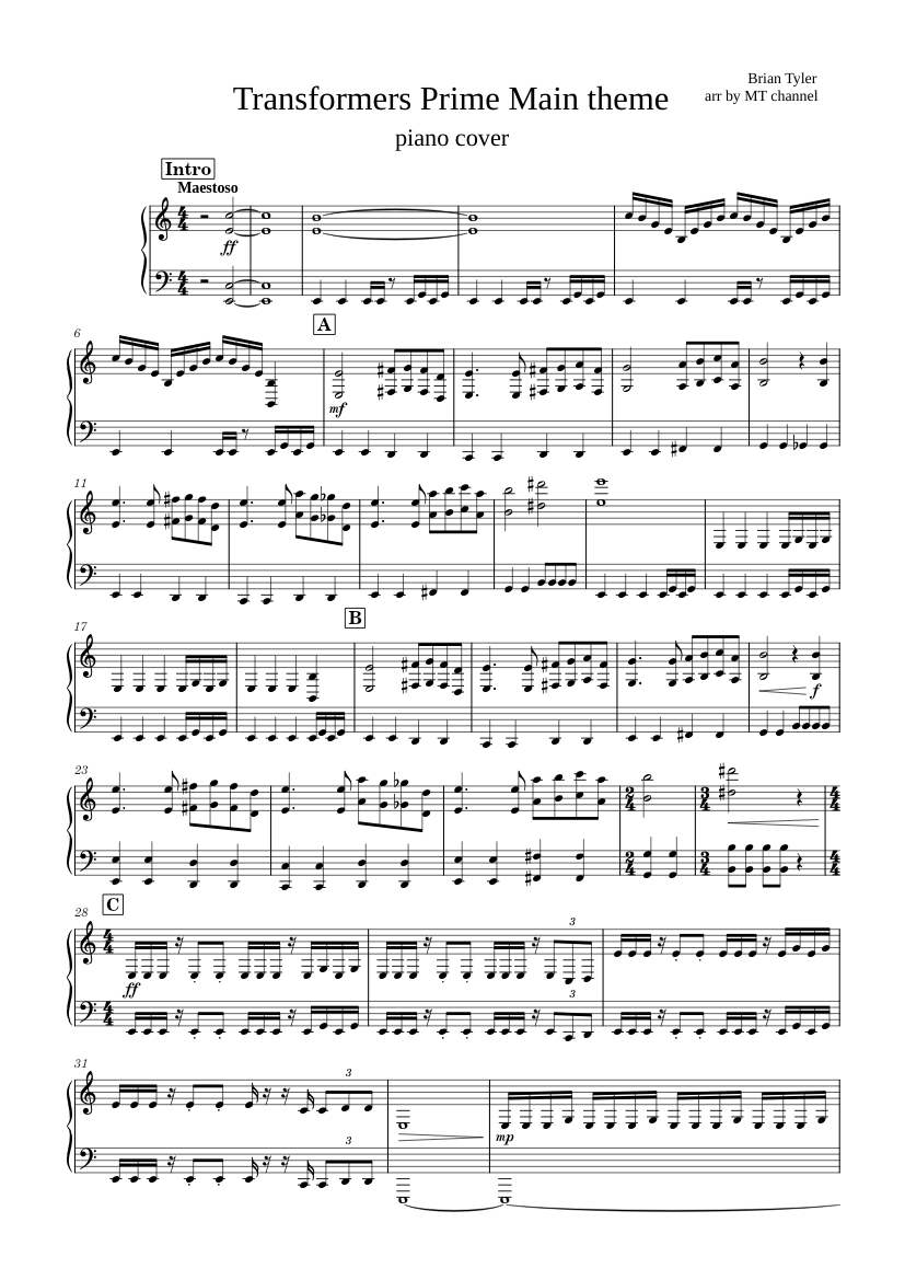 Transformers Prime – Brian Tyler Transformers Prime Main theme – Piano Sheet music for Piano ...