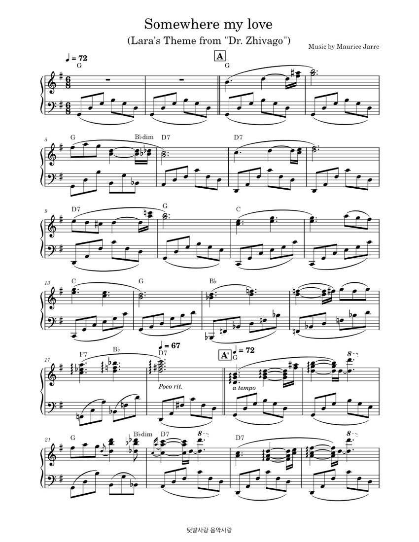 Somewhere my love 악보 Sheet music for Piano (Solo) | Musescore.com