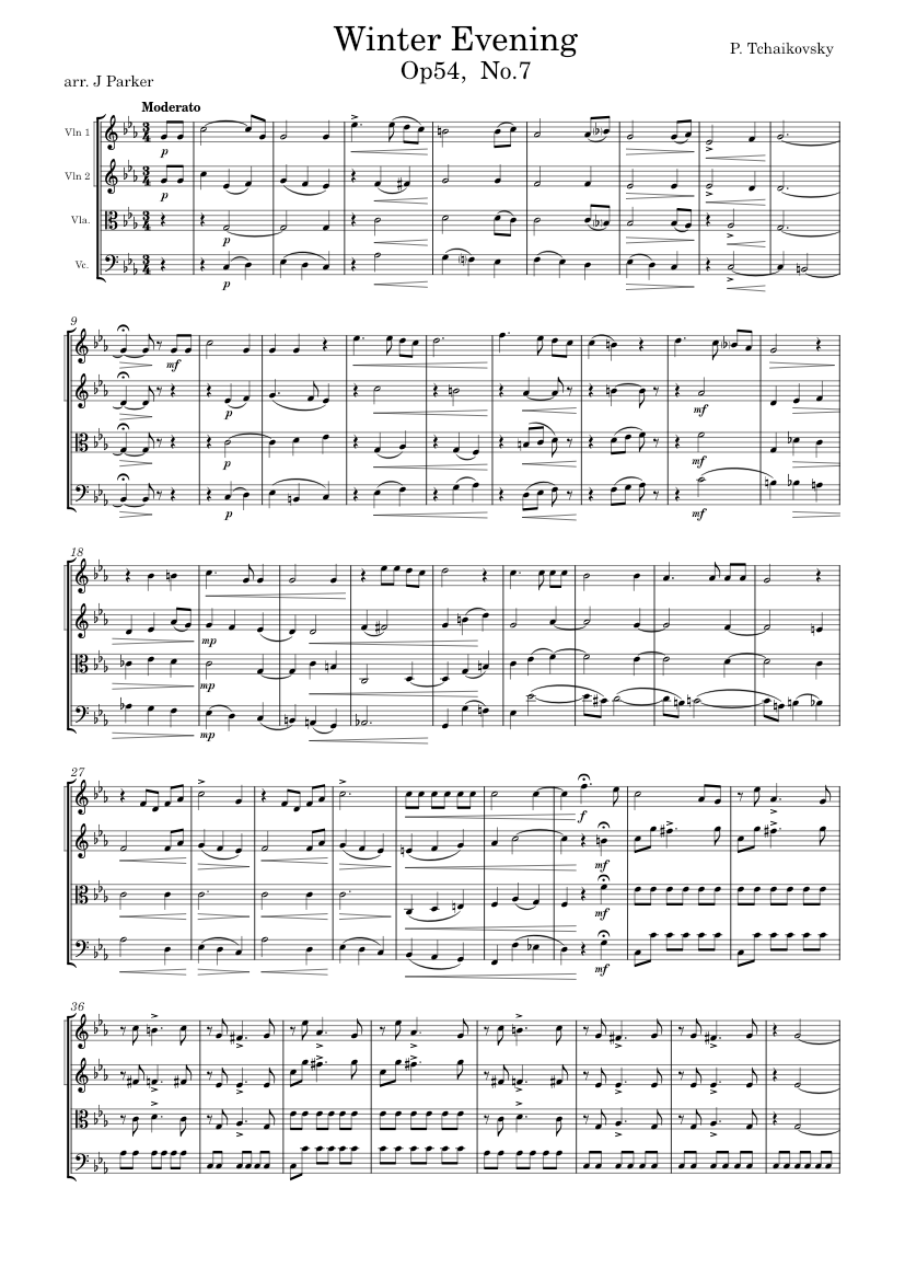 Winter Evening Op 54, No.7 arranged for String Quartet – Pyotr Ilyich Tchaikovsky SCORE Sheet ...