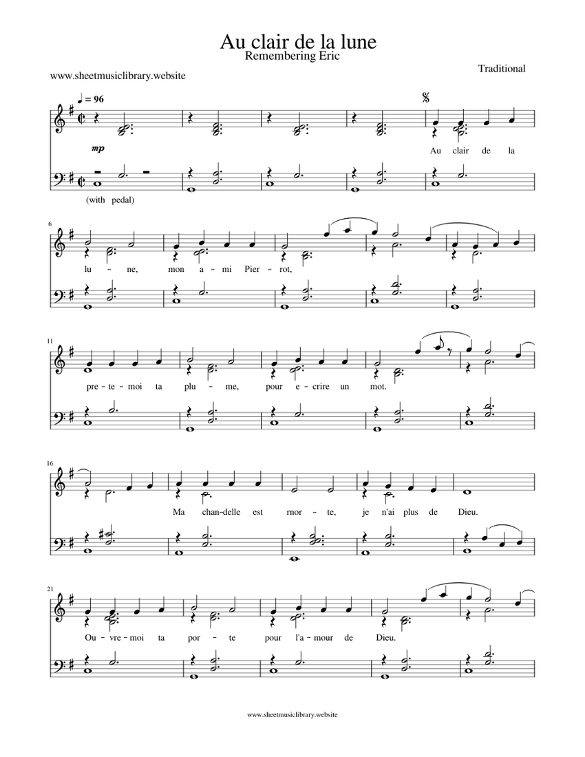 Au Clair De La Lune – Traditional (remembering Eric) Sheet music for ...