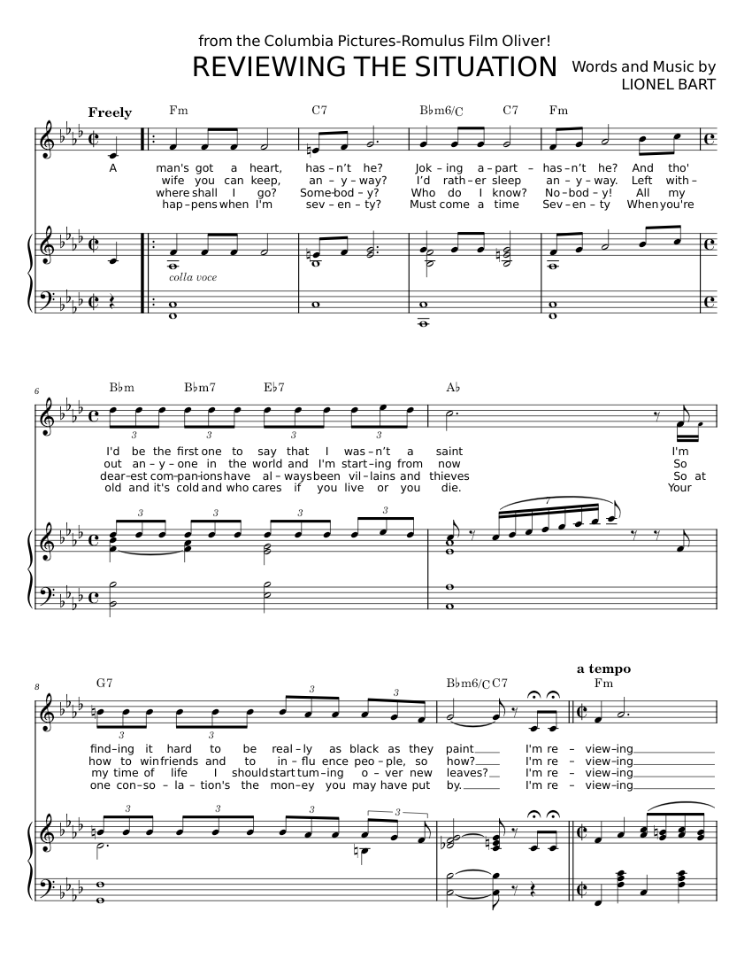 Reviewing The Situation - Lionel Bart Sheet music for Piano ...