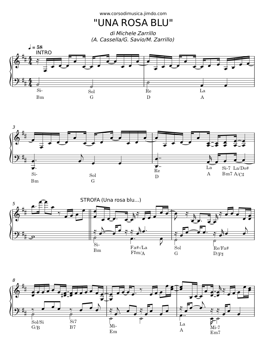 Una rosa blu - Michele Zarrillo Sheet Music with Chords for Piano (Solo ...