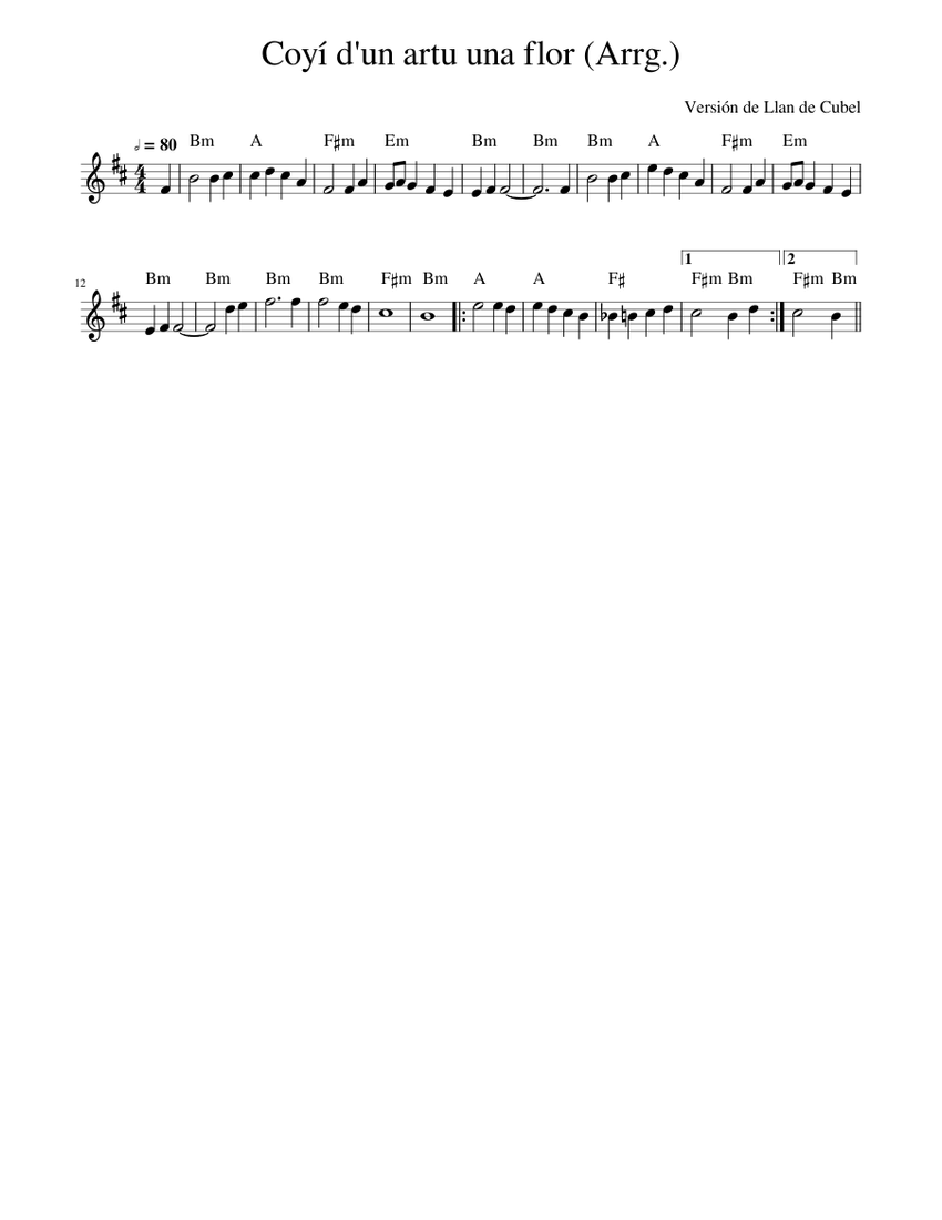 Versión de Llan de Cubel - Coyí d'un artu una flor (Arrg.) Sheet music ...