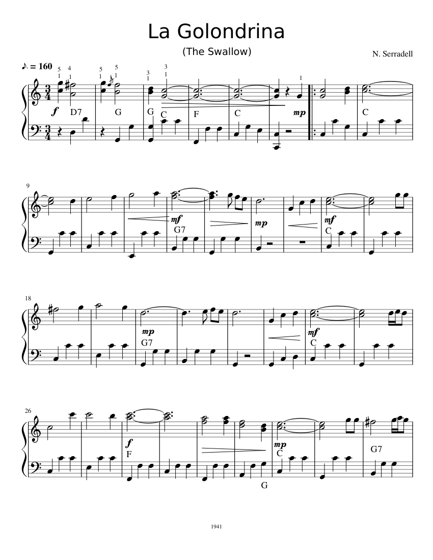 La Golondrina Sheet music for Piano (Solo) Easy | Musescore.com