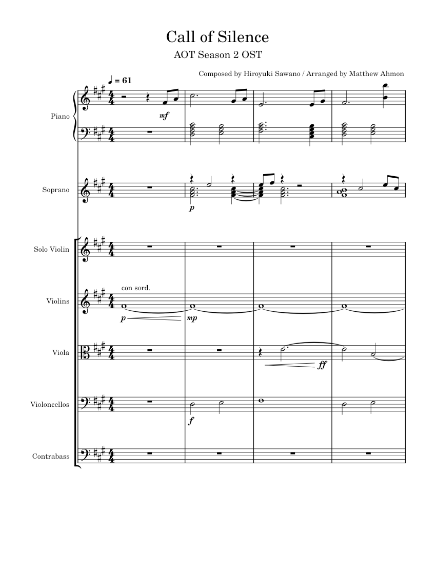 Call of Silence – Hiroyuki Sawano Sheet music for Piano, Violin, Viola, Strings group & more ...