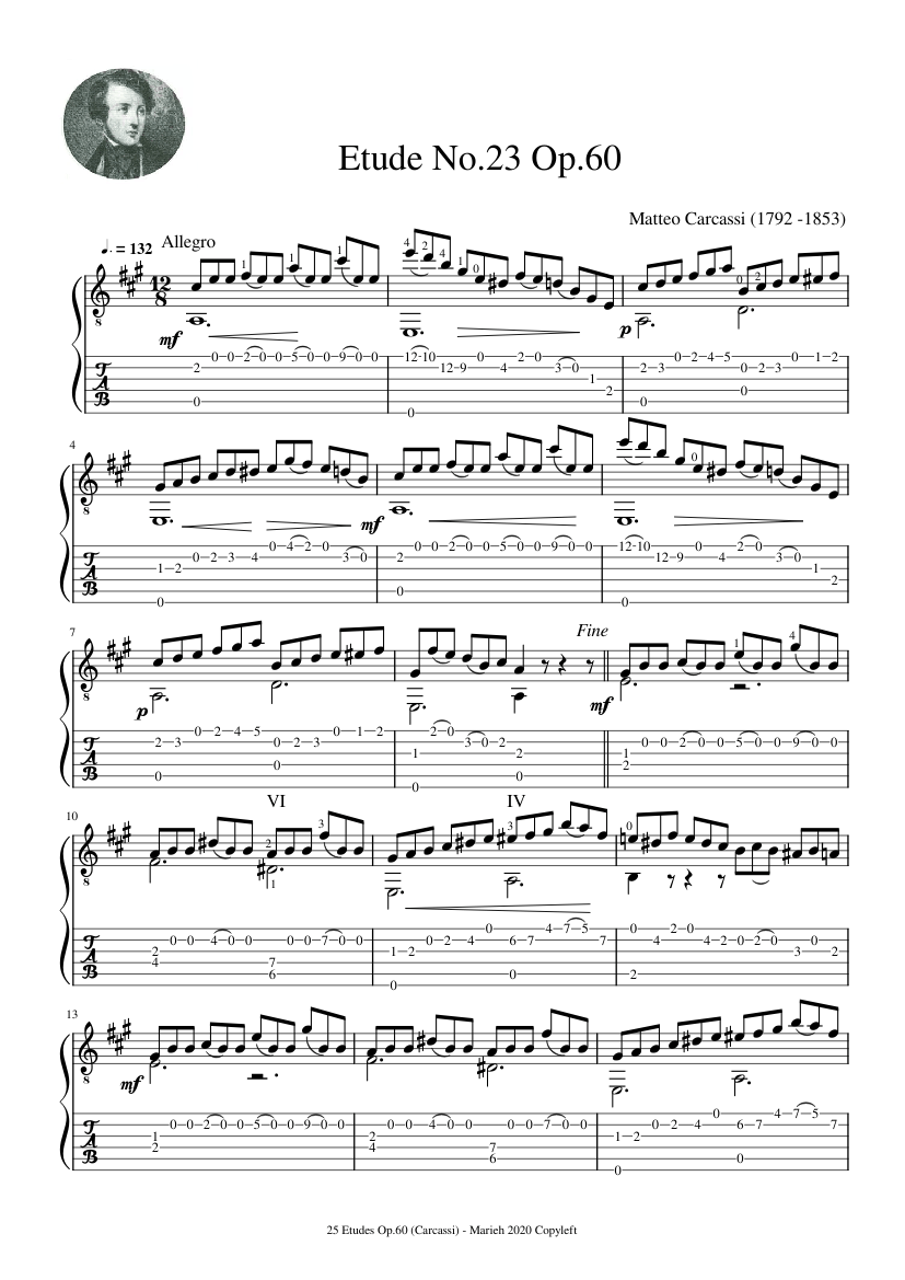 Etude No.23 Op.60 - Carcassi, Matteo (1792 - 1853) - Tablature Sheet ...