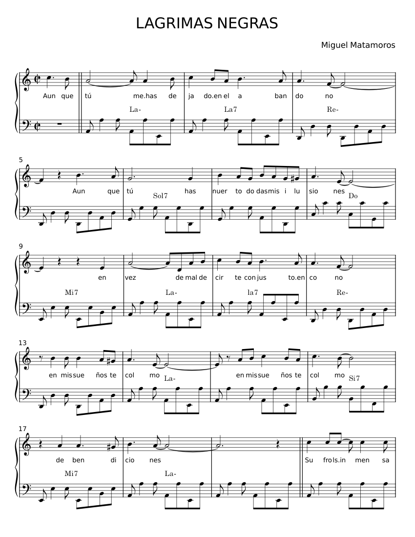 Lágrimas Negras - Miguel Matamoros Sheet Music with Chords for Piano ...