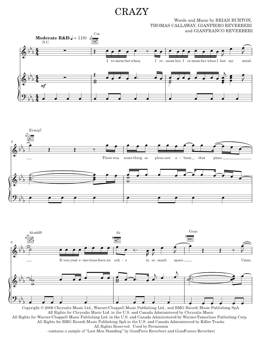 crazy Sheet music for Piano, Vocals by Gnarls Barkley Official ...