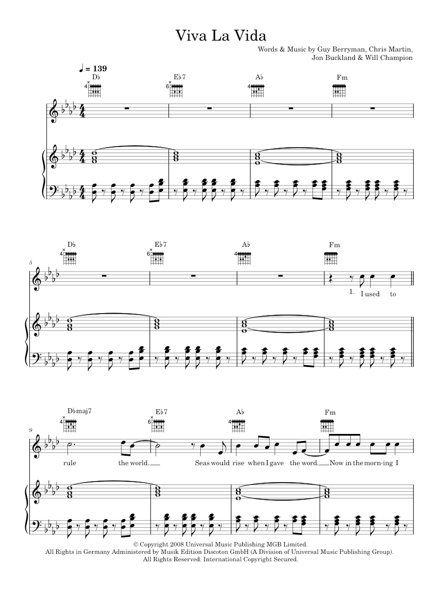 Viva la Vida Sheet music for Piano, Vocals by Coldplay Official | MuseScore.com